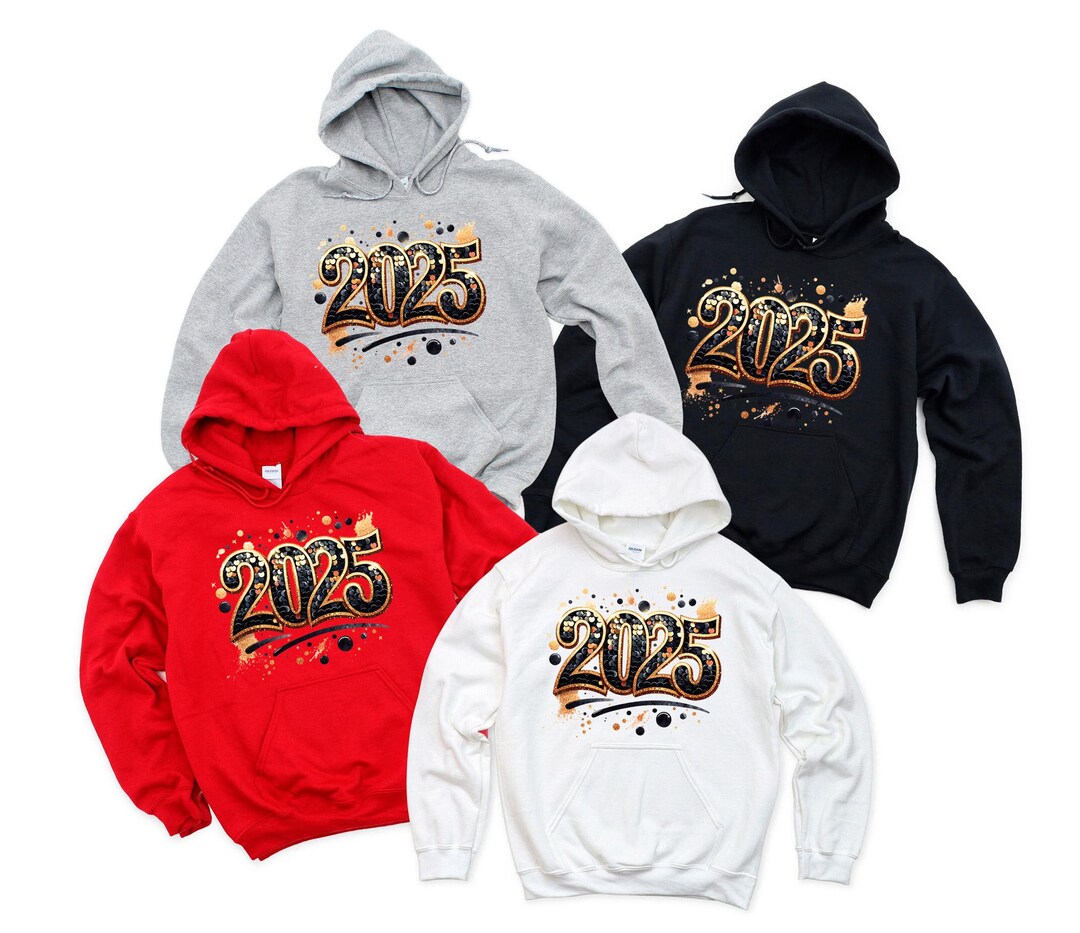 Happy New Year 2025 Sweatshirt Fireworks Hoodie Black and Gold Glitter ...