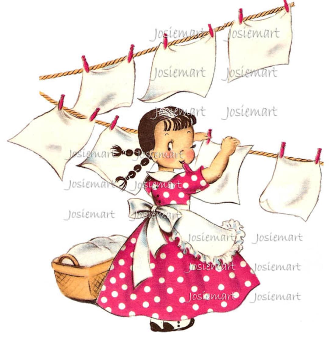 Vintage Digital Download Wash Day Girl Pink Polka Dot Vintage Image ...