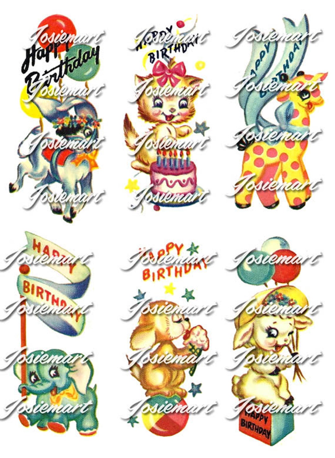 Vintage Digital Download Happy Birthday Animals Kawaii Vintage Image ...
