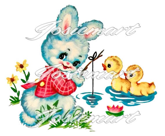 Vintage Digital Download Bunny With Fishing Pole Kawaii Vintage Image ...