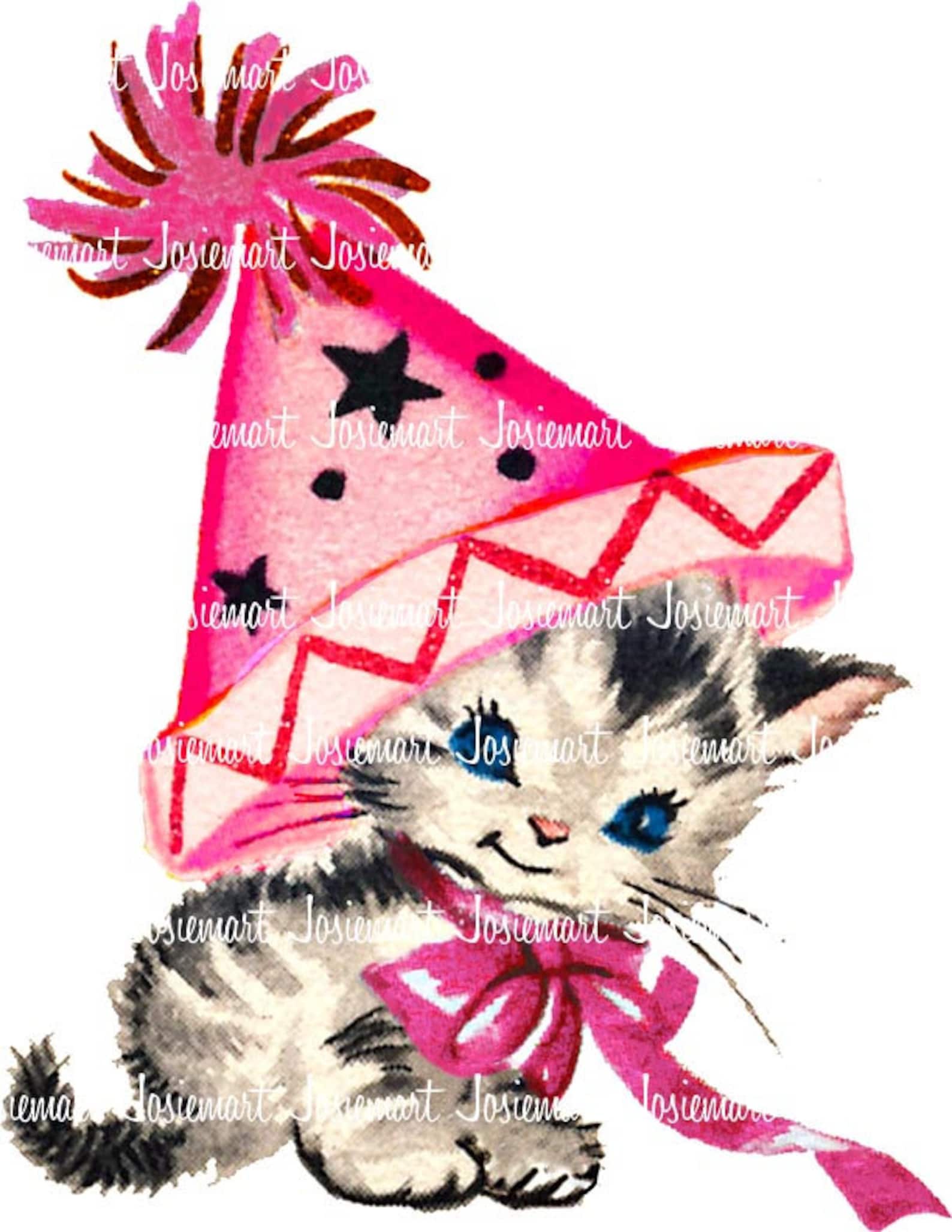 Pink Kitty With Party Hat Clip Art - Cat Image Greeting - Vintage ...