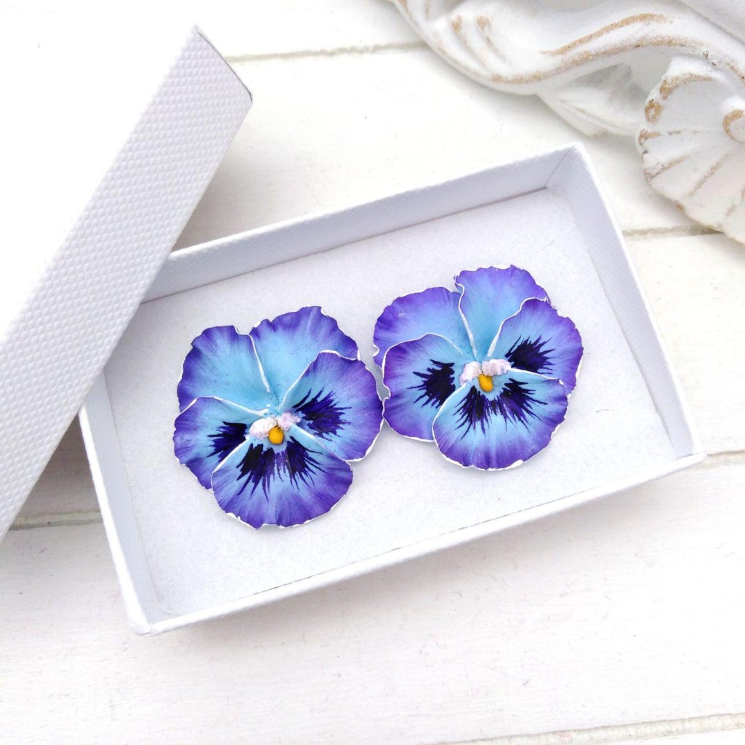 Violet Blue Pansy Studs Earring Pansies Jewelry Polymer Clay Jewelry Floral Bright Jewelry ...