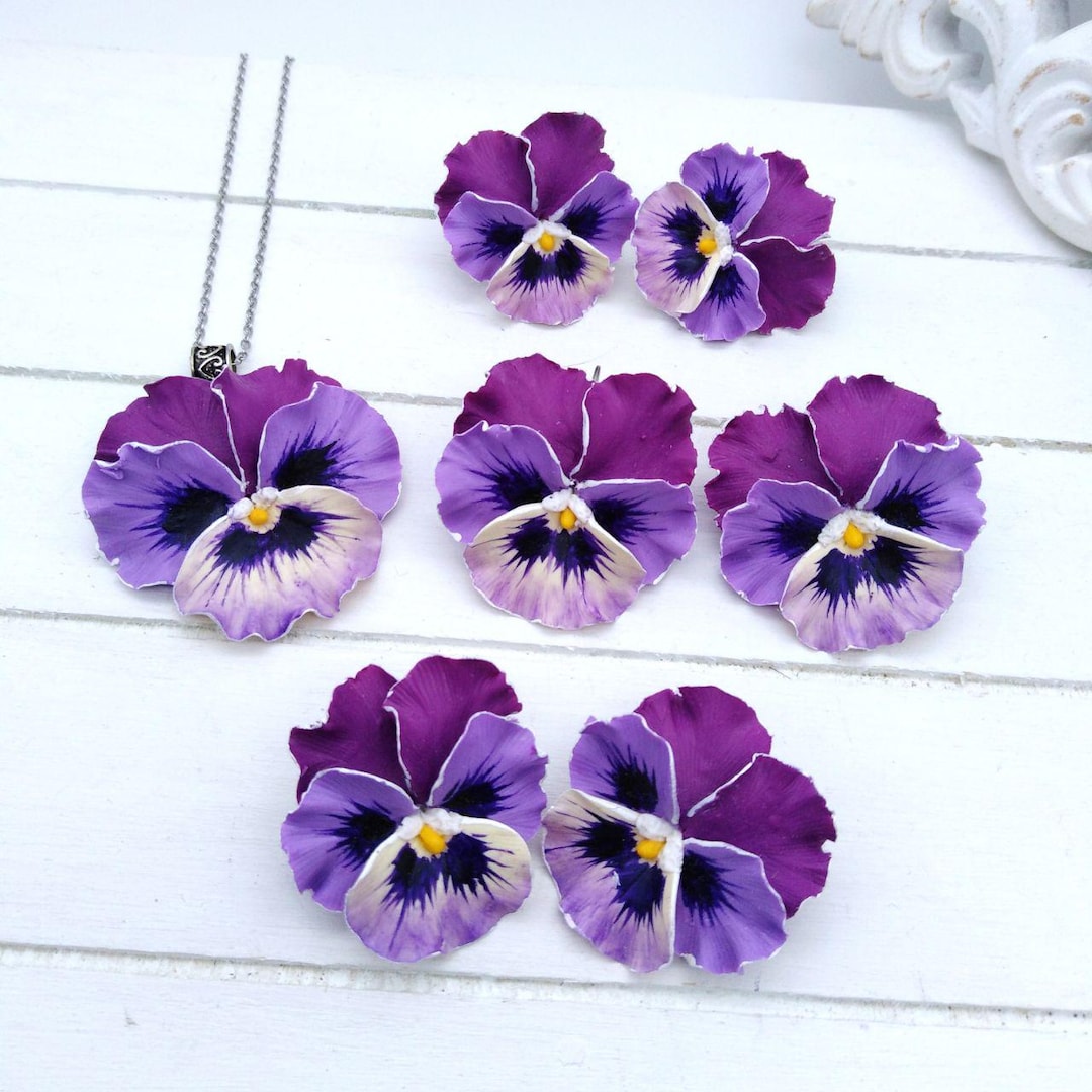 Polymer Clay Pansy Jewelry: Floral Earrings, Studs, Clips, Pendant - Etsy