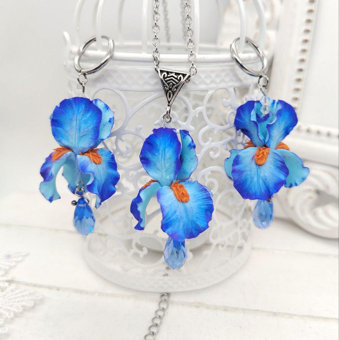 Handmade Blue Iris Jewelry Set: Polymer Clay Flower Earrings and ...