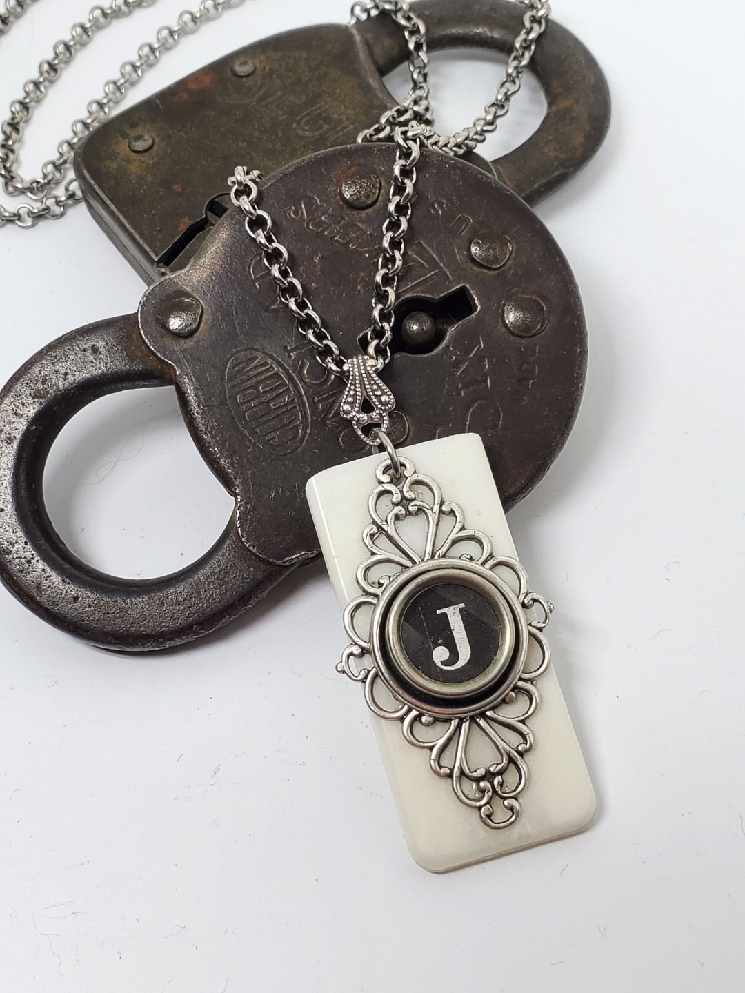 Piano Key Jewelry - Typewriter Jewelry - Initial J - Ivory Piano Keytop ...