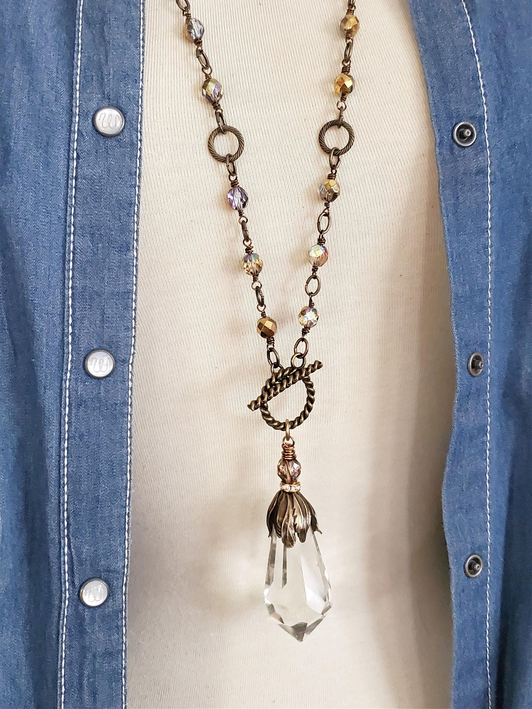 Upcycled Lead Chandelier Crystal Long Antique Brass Beaded Necklace ...