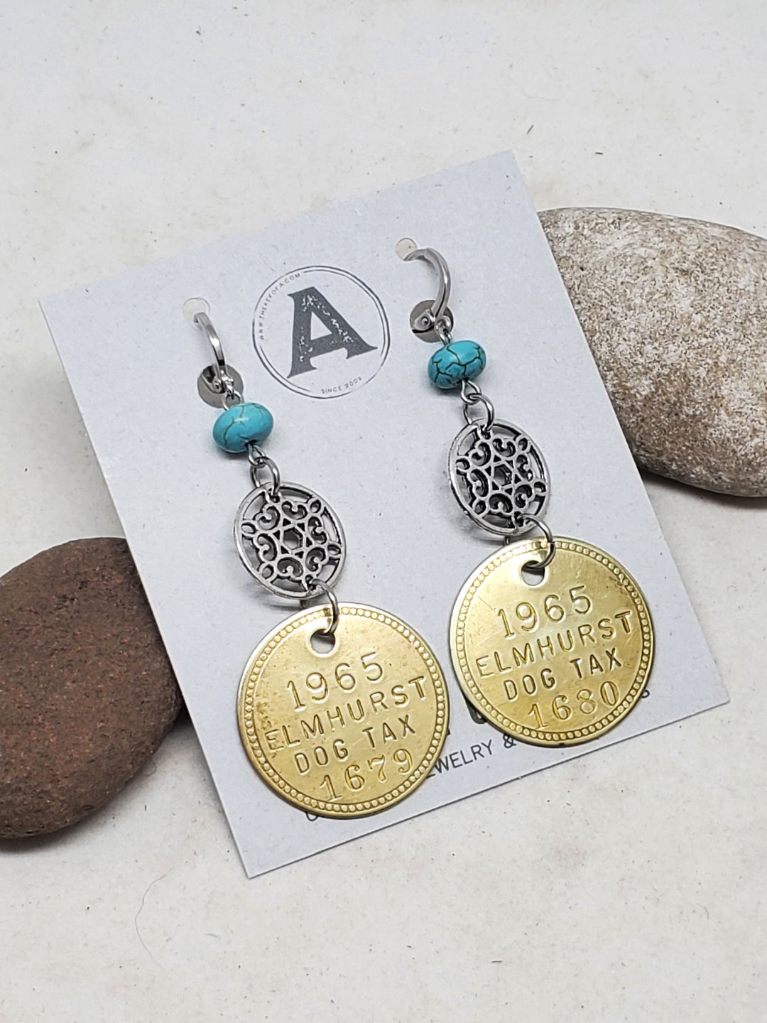 Upcycled Dog License Tag Earrings - Brass & Turquoise Elmhurst Illinois ...