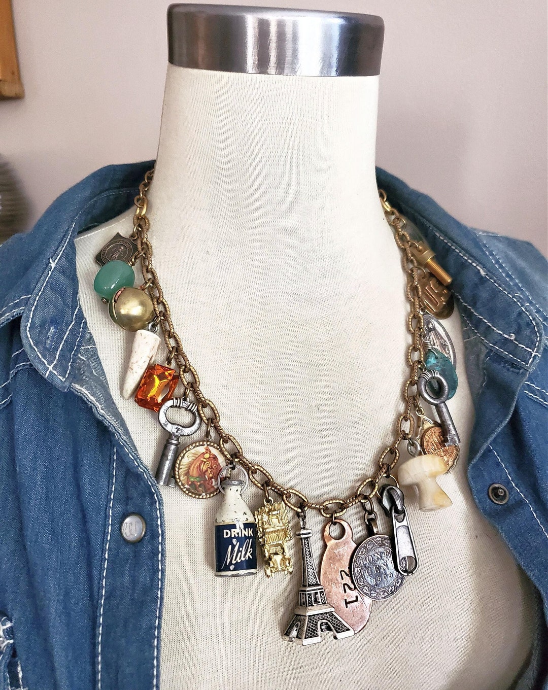 Vintage Antiquities Multi-charm Necklace - Found Object Junk Jewelry ...