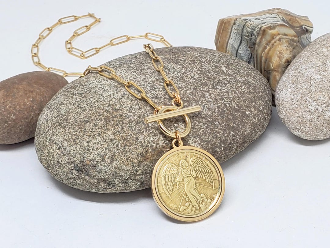 Guardian Angel Paperclip Chain Coin Necklace - Gold Toggle Necklace ...