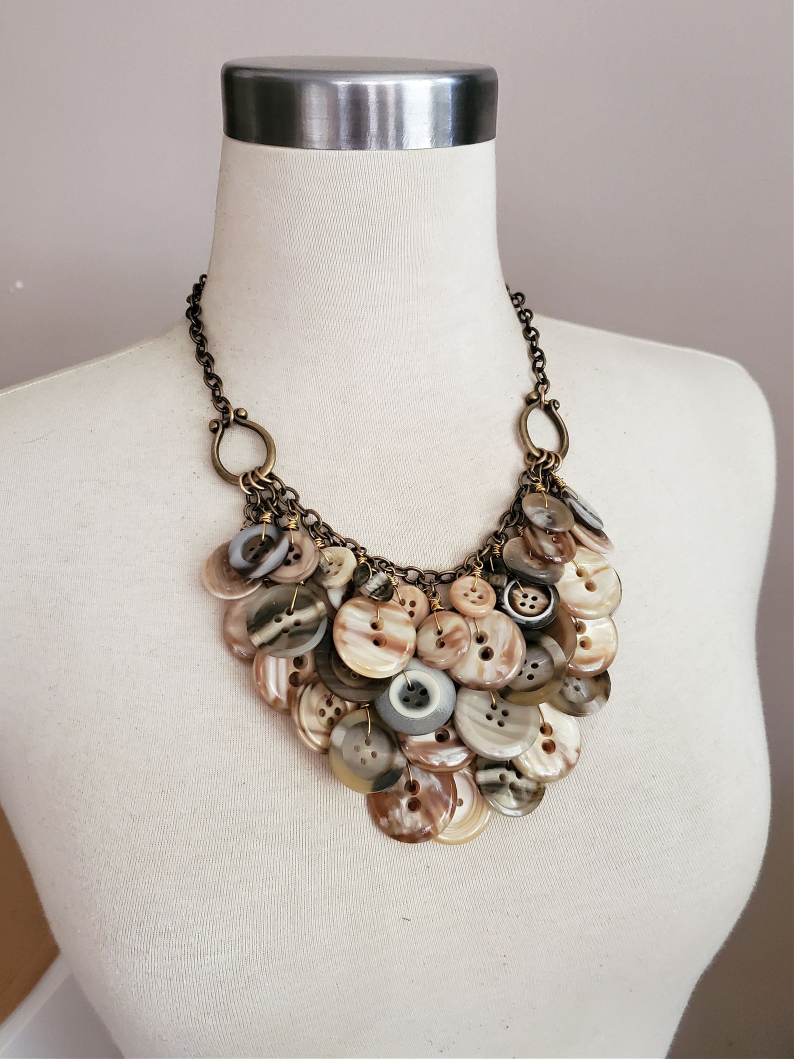 BUTTON JEWELRY - Fall Vibes Vintage Upcycled Button Necklace - Neutral ...