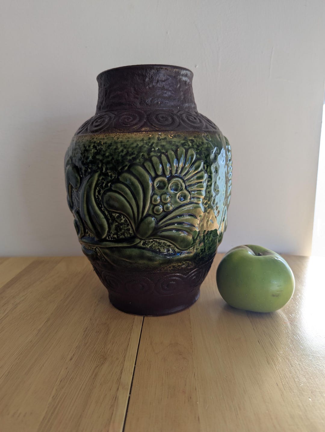Vintage Mid Century West German Bay Keramic Dark Floral Vase Green ...