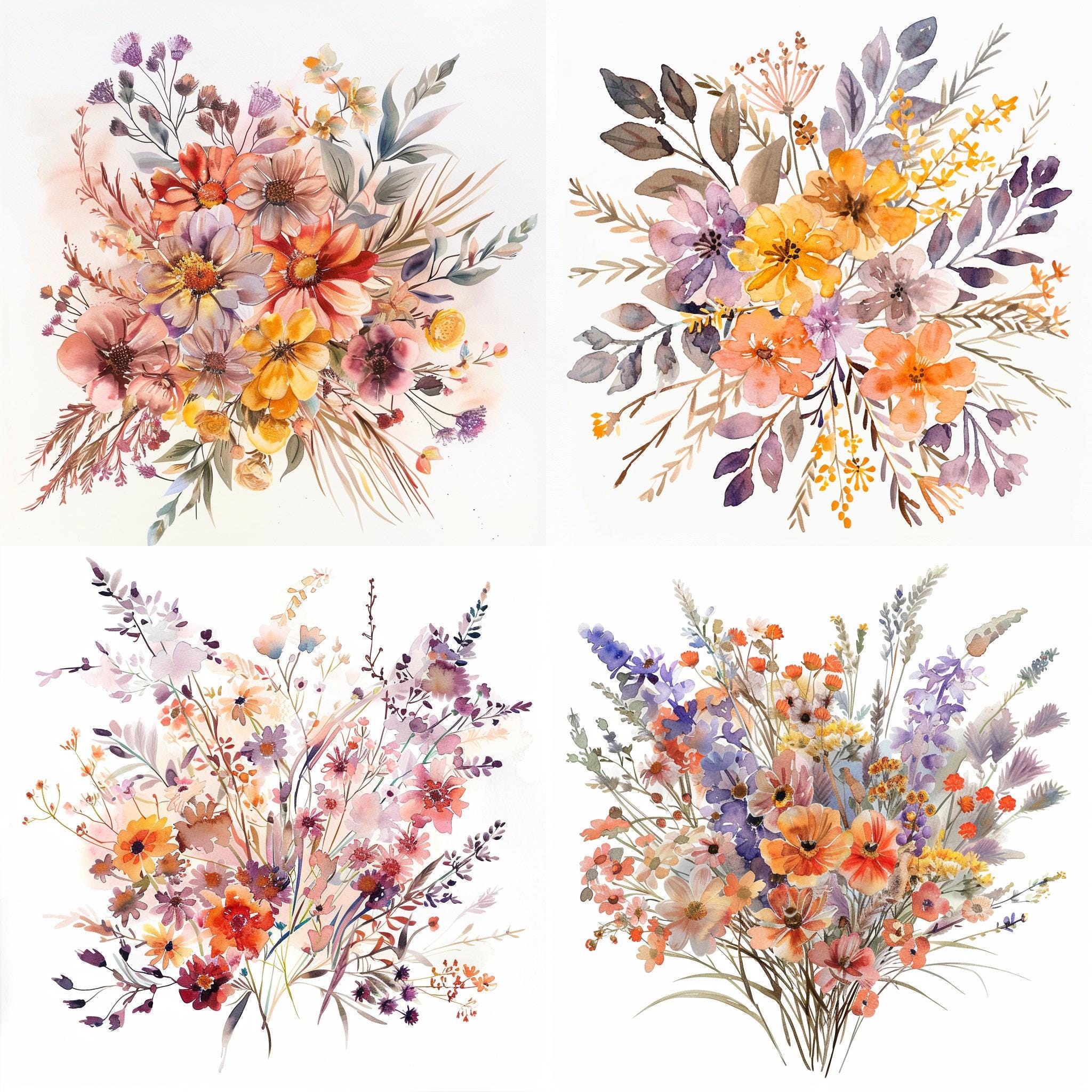 24 Watercolor Floral Bouquet Clipart, Wildflower Botanical Illustration ...
