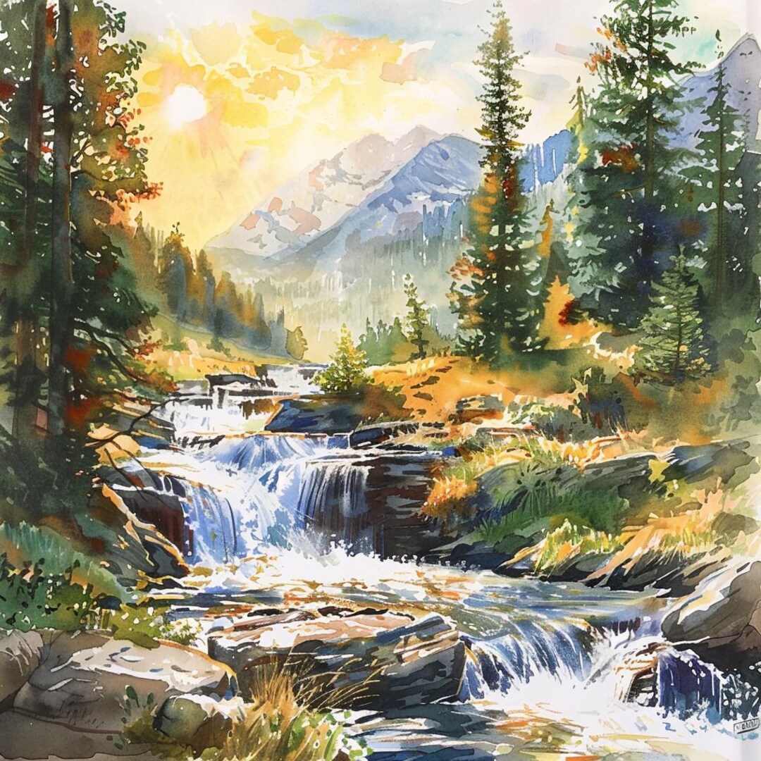 24 Scenic Mountain Waterfall Clipart, Hand-painted Nature Artwork, High ...