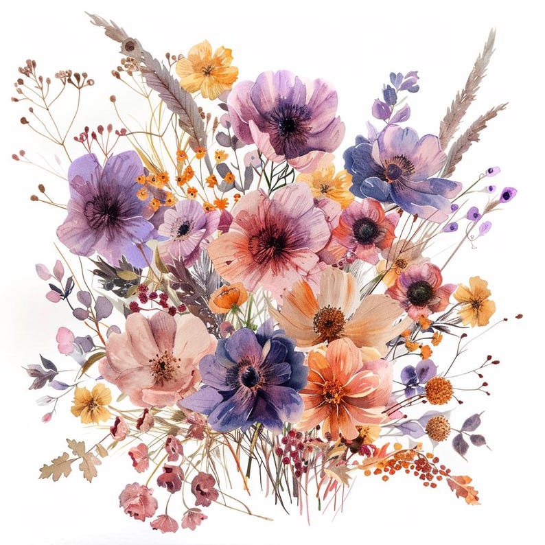 24 Watercolor Floral Bouquet Clipart, Wildflower Botanical Illustration ...