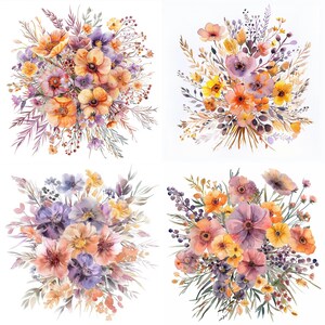 24 Watercolor Floral Bouquet Clipart, Wildflower Botanical Illustration ...