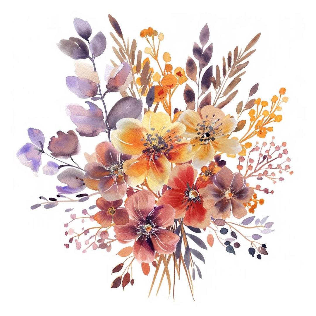24 Watercolor Floral Bouquet Clipart, Wildflower Botanical Illustration ...