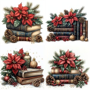 24 Christmas Floral Clipart, Poinsettia and Pinecones Art, Holiday ...
