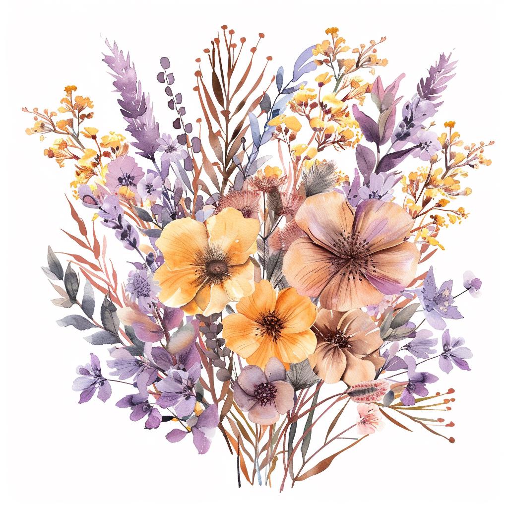 24 Watercolor Floral Bouquet Clipart, Wildflower Botanical Illustration ...