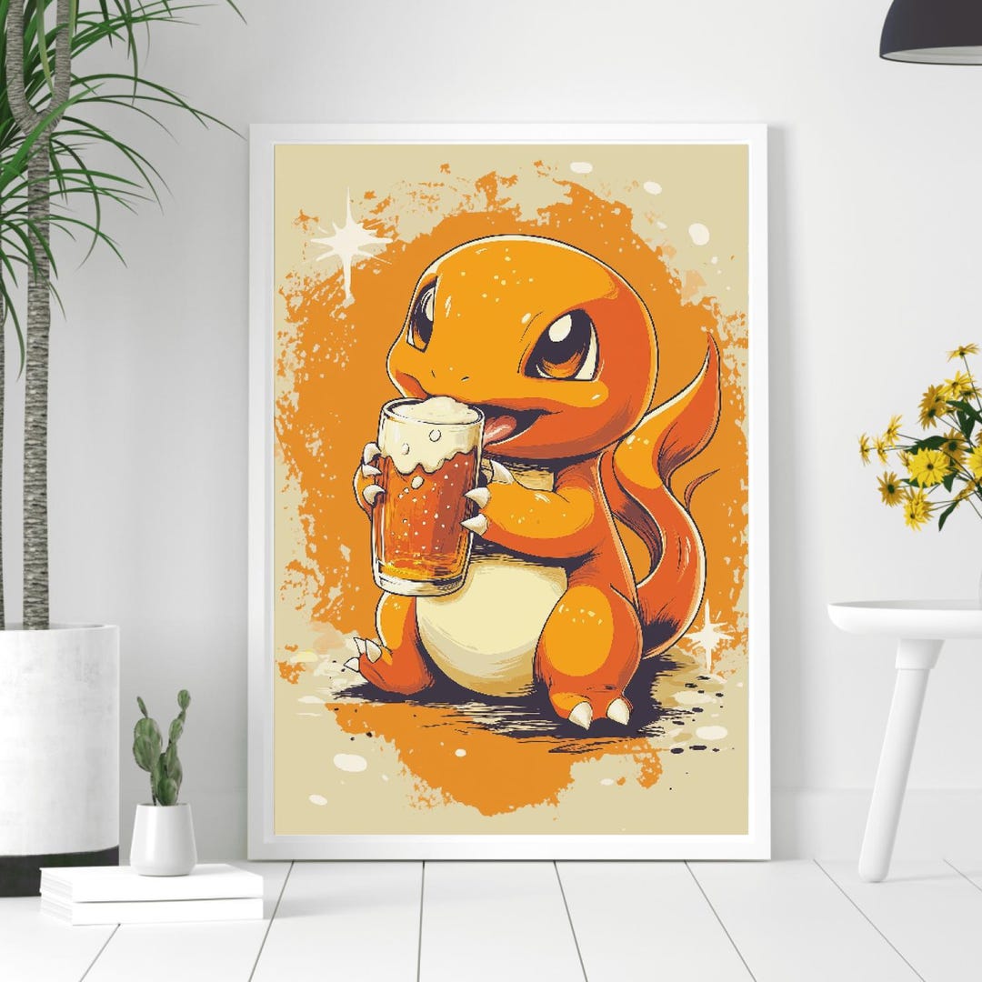 Charmander Drinking BEER Poster, Retro Style Pokemon Wall Art, Pokemon ...