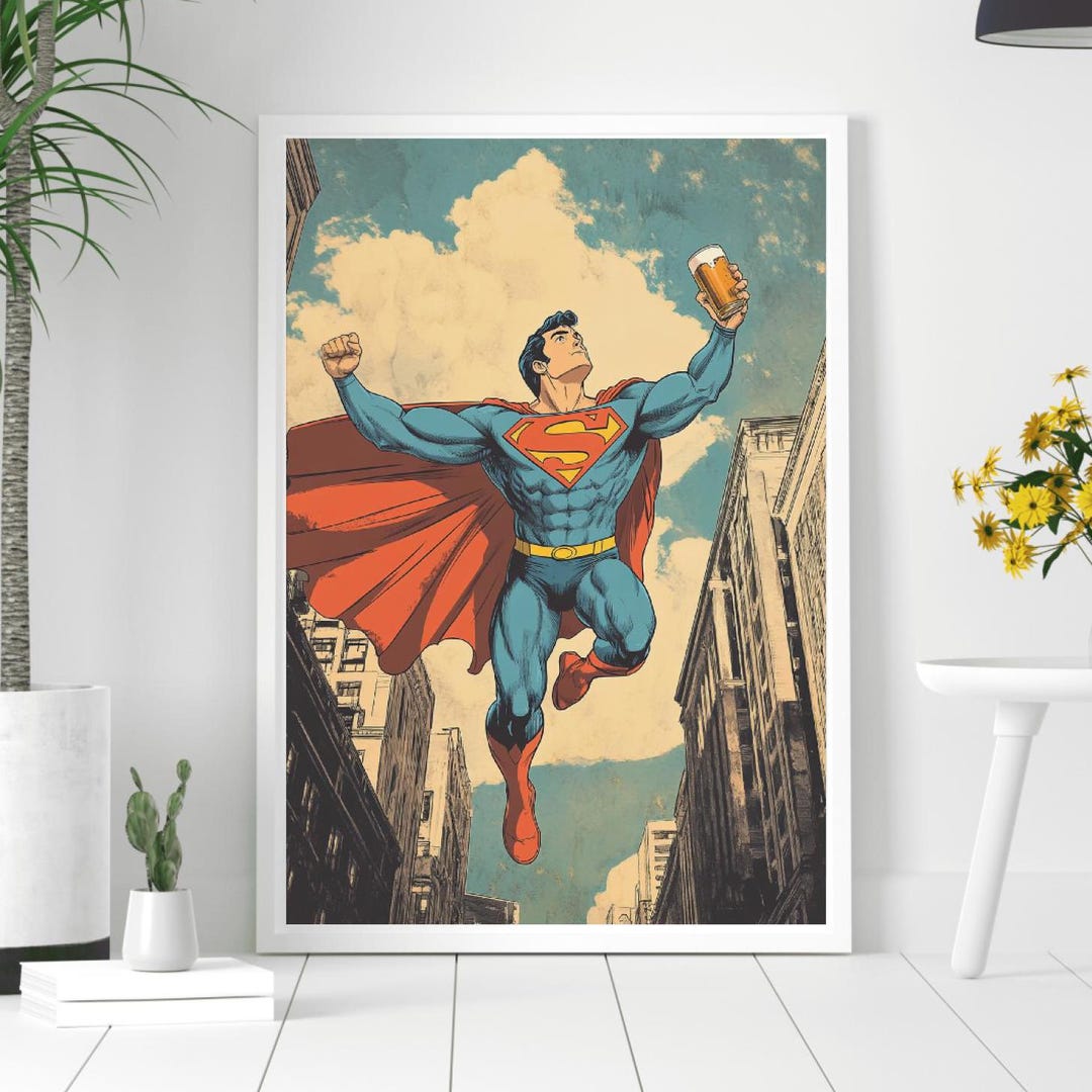 Superman Drinking BEER Poster, Retro Style Superhero Wall Art, Cool ...