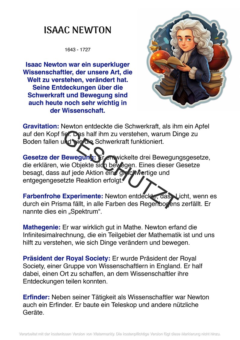 Isaac Newton Worksheet PDF Learning Material Famous People German - Etsy