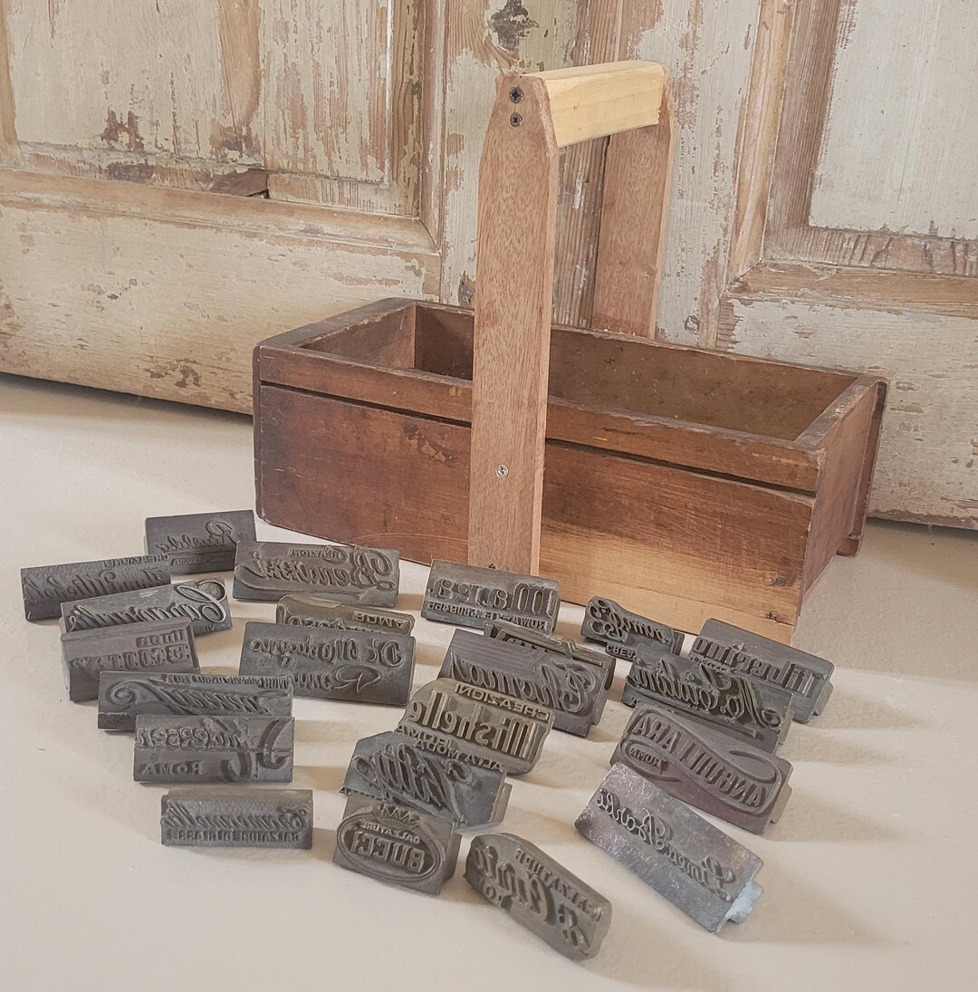 Vintage Wooden Box Containing 43 Vintage Italian Brass Logo Press ...