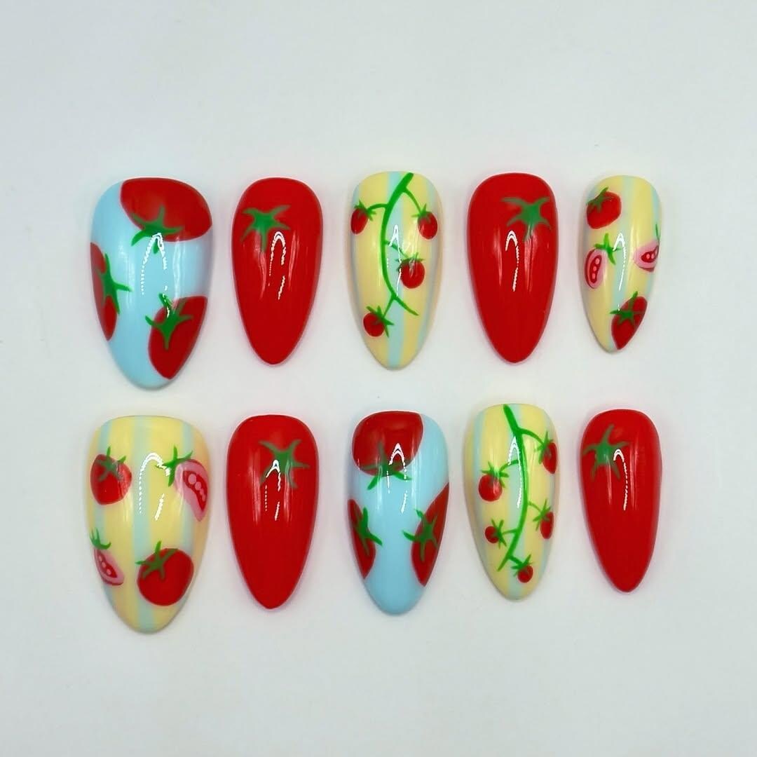 Tomato Summer Press on Nails With Red Veggie Art and Striped Pastel ...