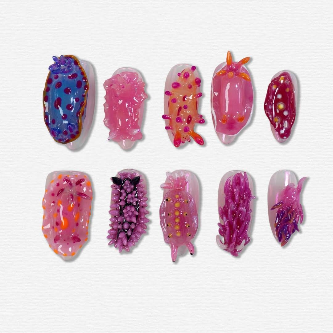 Cutie Sea Slugs Press on Nails | 3D Pink Gel Nail Art With Unique Slug ...