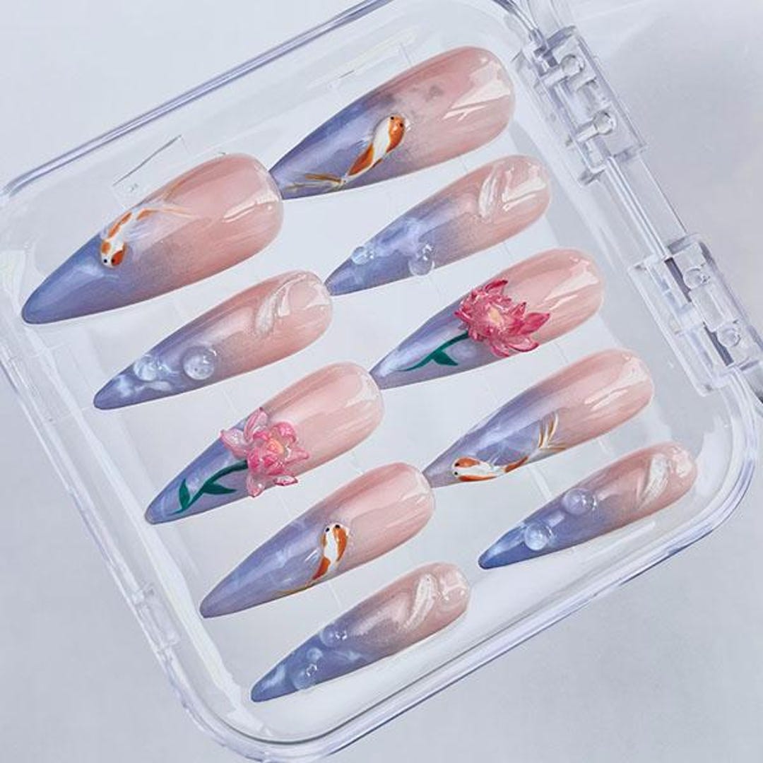 Water Fairy Fish Pond Press on Nails Pastels Lotus for Summer Nails ...