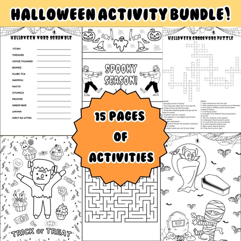 Halloween Kids Printable Bundle: Word Games & Coloring Pages Activity ...