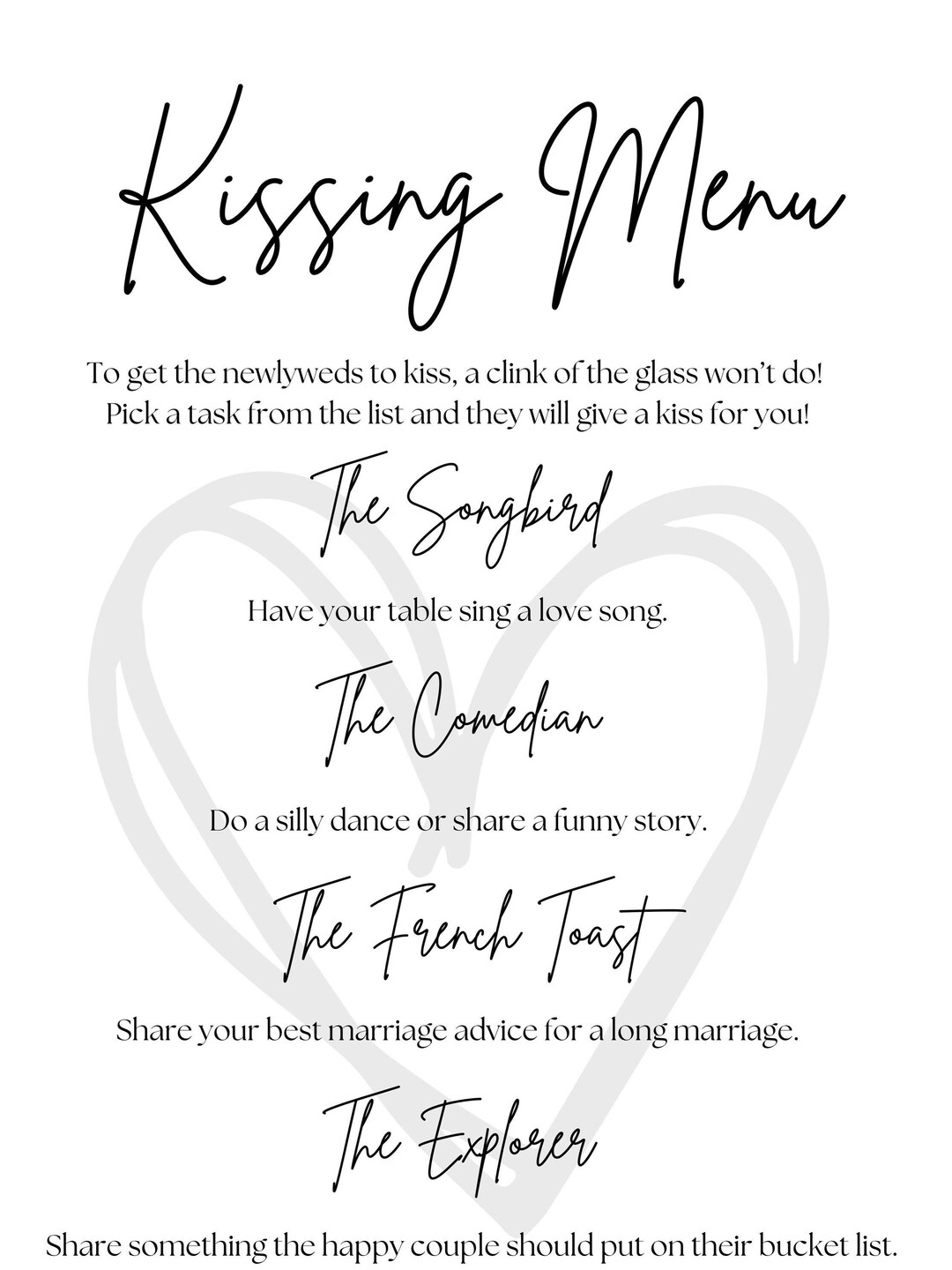 Kissing Menu, Wedding Reception, Toast, Bride and Groom, Table Sign - Etsy