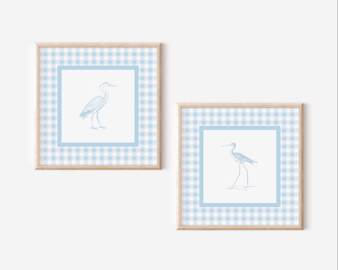 Blue Gingham Coastal Bird Art Prints, Set of 2 Art Prints, Cute Preppy ...