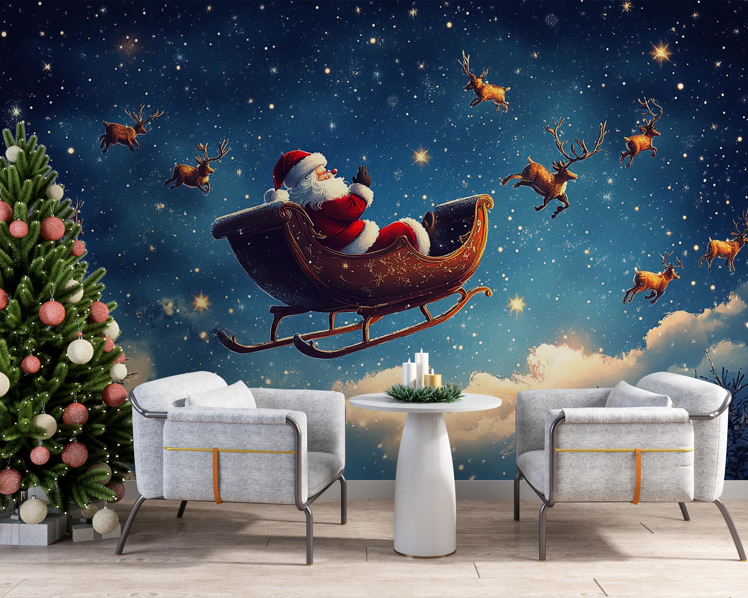 Starry Night Christmas Wallpaper Magical Santa Sleigh and Flying ...