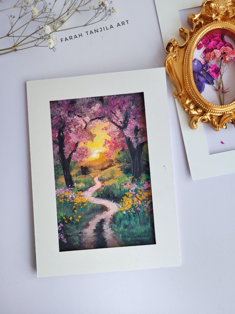 Cherry Blossom Gouache Original Painting - Whimsical Nature Dreamy Path ...