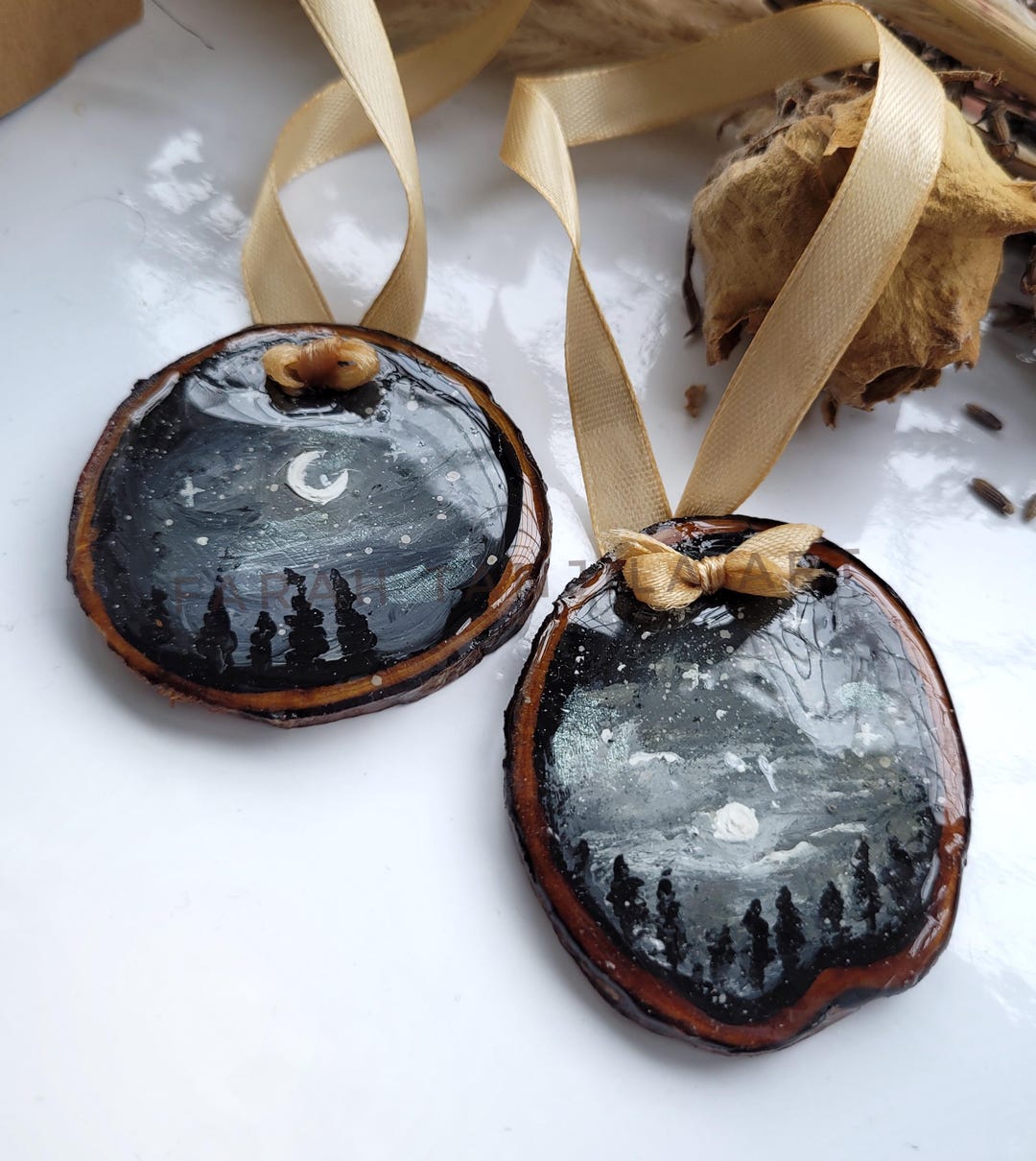Painted Bauble Unique Crescent Moon Nightsky Wood Slice Ornament ...