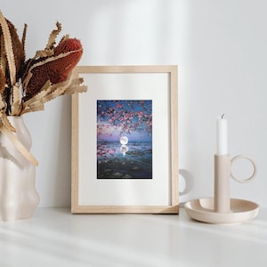 Dreamy Fantasy Painting, Cherry Blossom Moon Art Print, Blue Floral ...