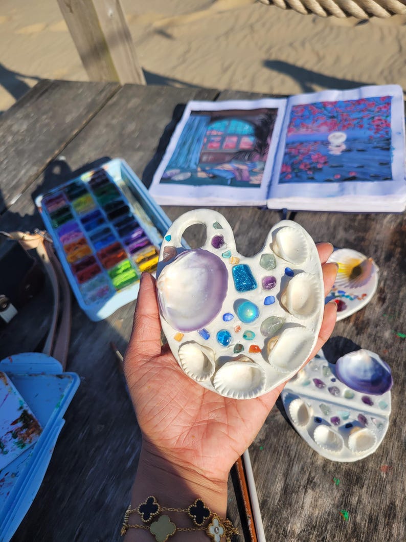 Seashell Miniature Paint Palette, Mermaid Art Tray With Sea Glass ...