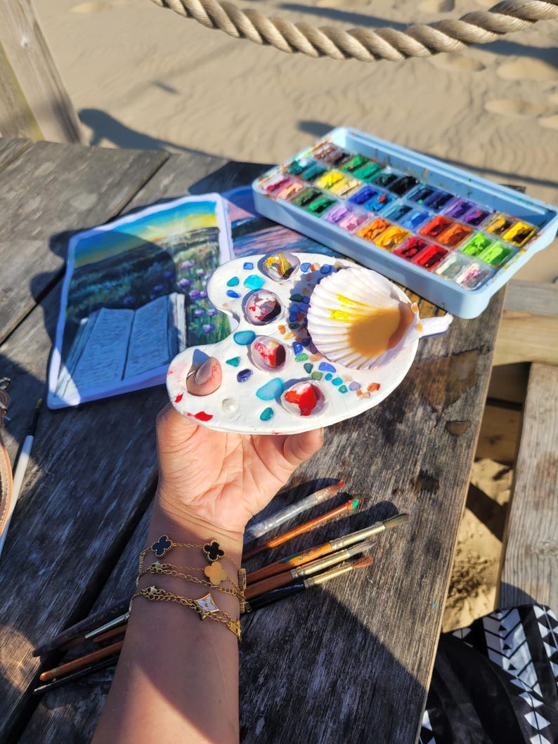 Seashell Miniature Paint Palette, Mermaid Art Tray With Sea Glass ...