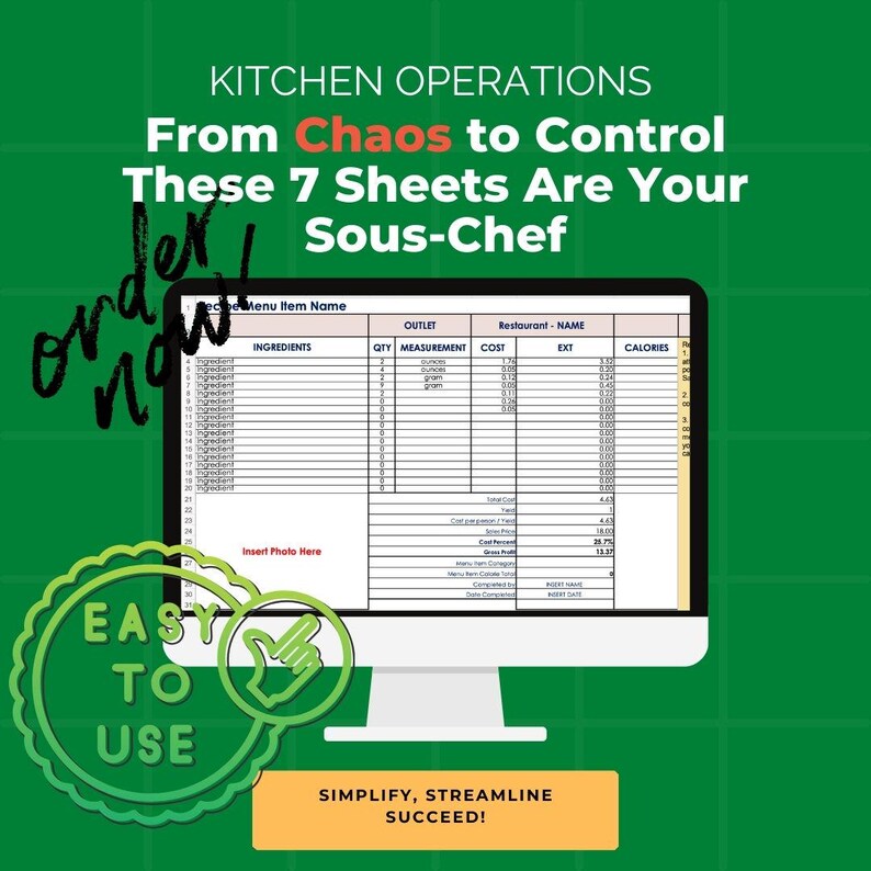 Kitchen Operations Checklist Excel Sheets With Recipe Cost & Inventory ...