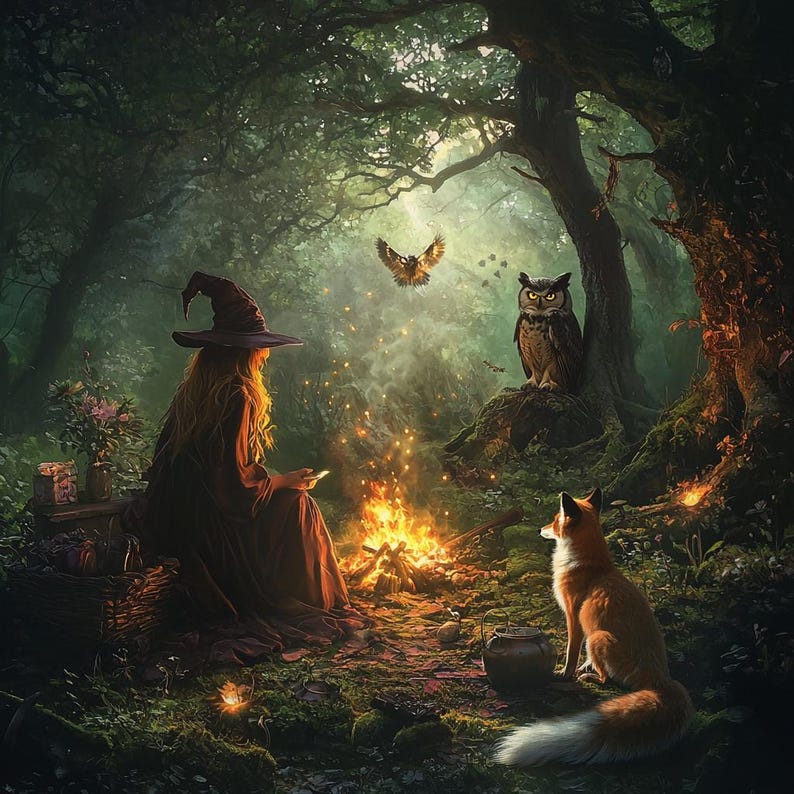 24 Enchanted Forest Witch Clipart, Magic Woodland Scene, Witch With Fox ...