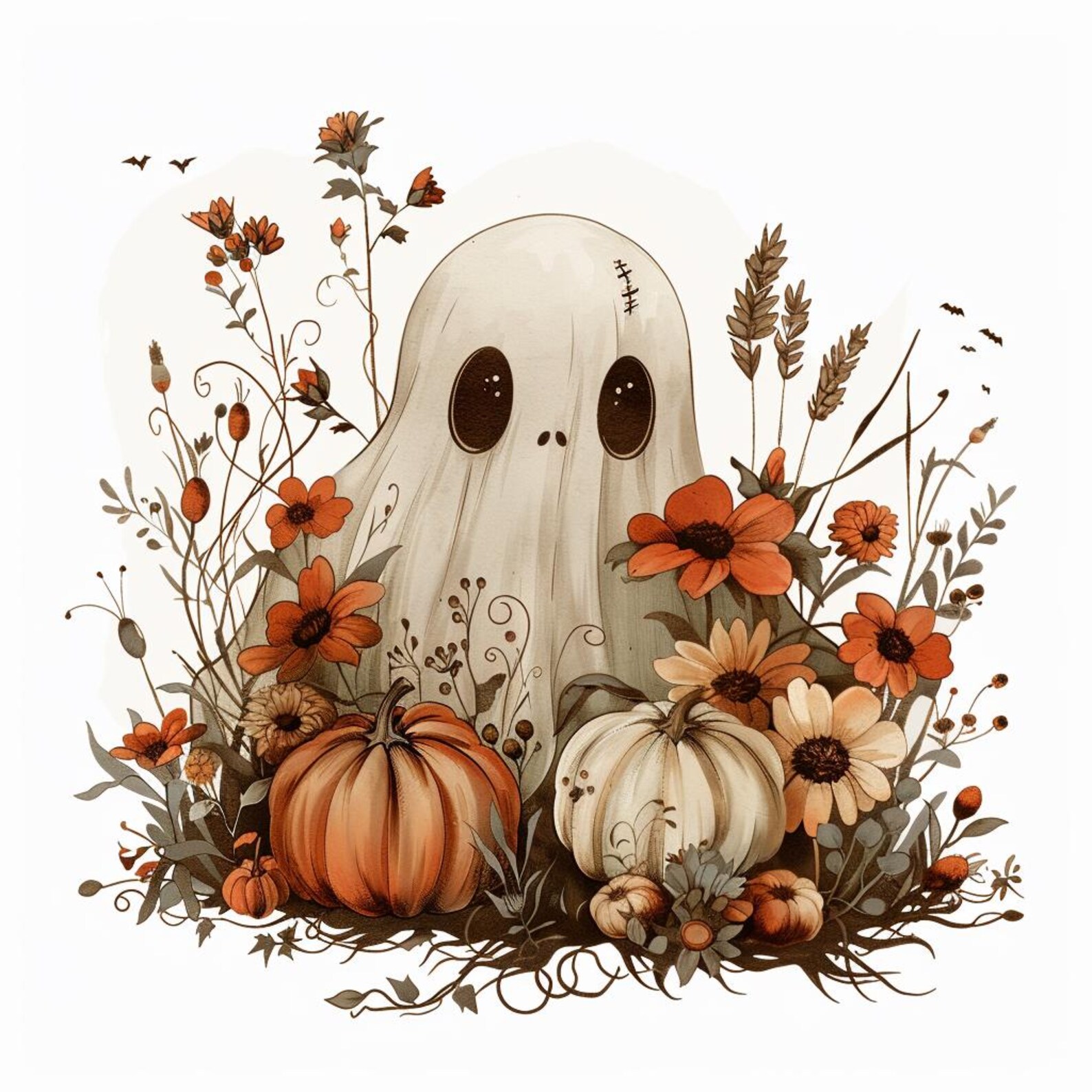 24 Cute Halloween Ghost With Pumpkins and Flowers Clipart, Spooky ...
