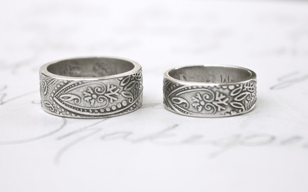 Bohemian Paisley Engraved Wedding Band Ring Set . Wide Wedding Rings ...