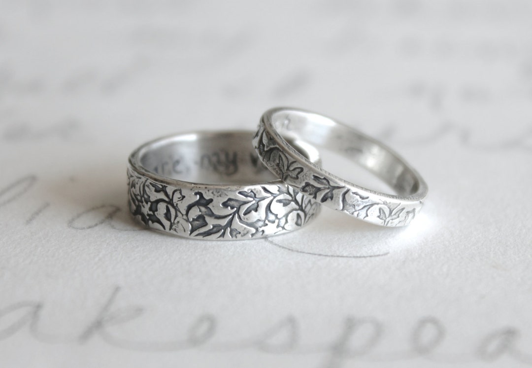 Rustic Sterling Silver Engraved Vine Wedding Band Ring Set . Happily ...