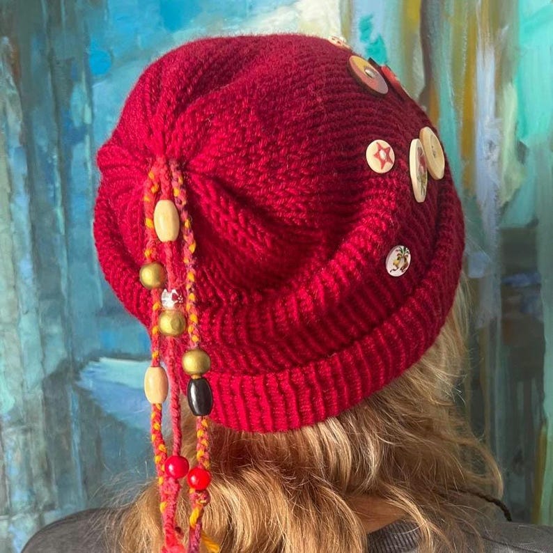 Hand Knit Chunky Red Resistance Beanie Hat Boho Fisherman Skull Cap ...
