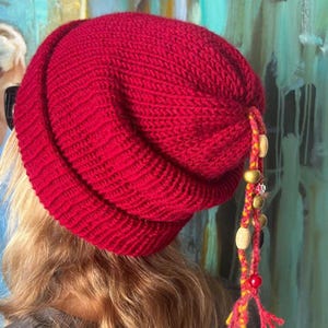 Hand Knit Chunky Red Resistance Beanie Hat Boho Fisherman Skull Cap ...