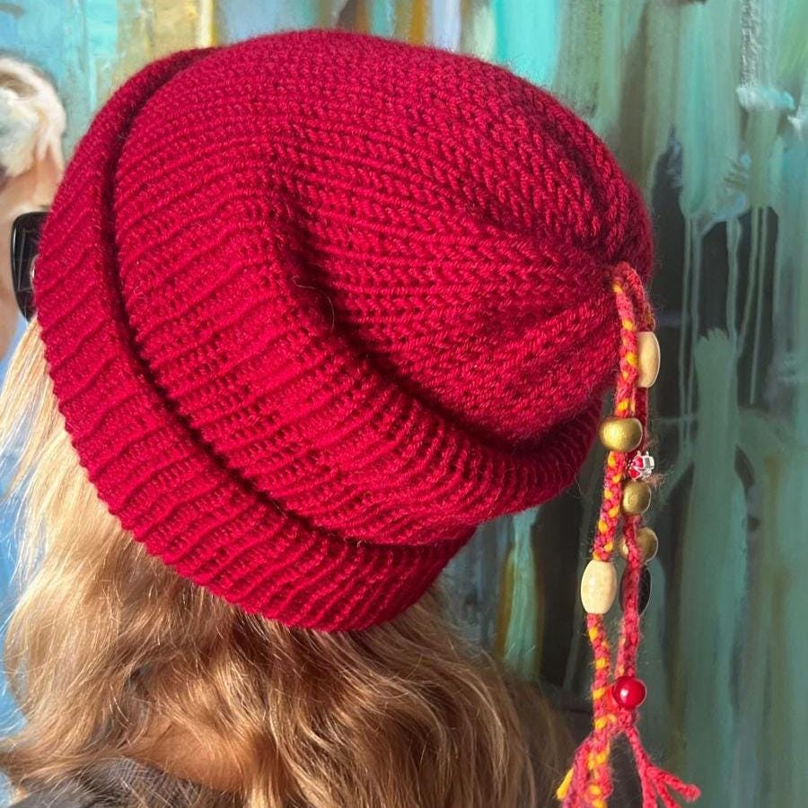 Hand Knit Chunky Red Resistance Beanie Hat Boho Fisherman Skull Cap ...