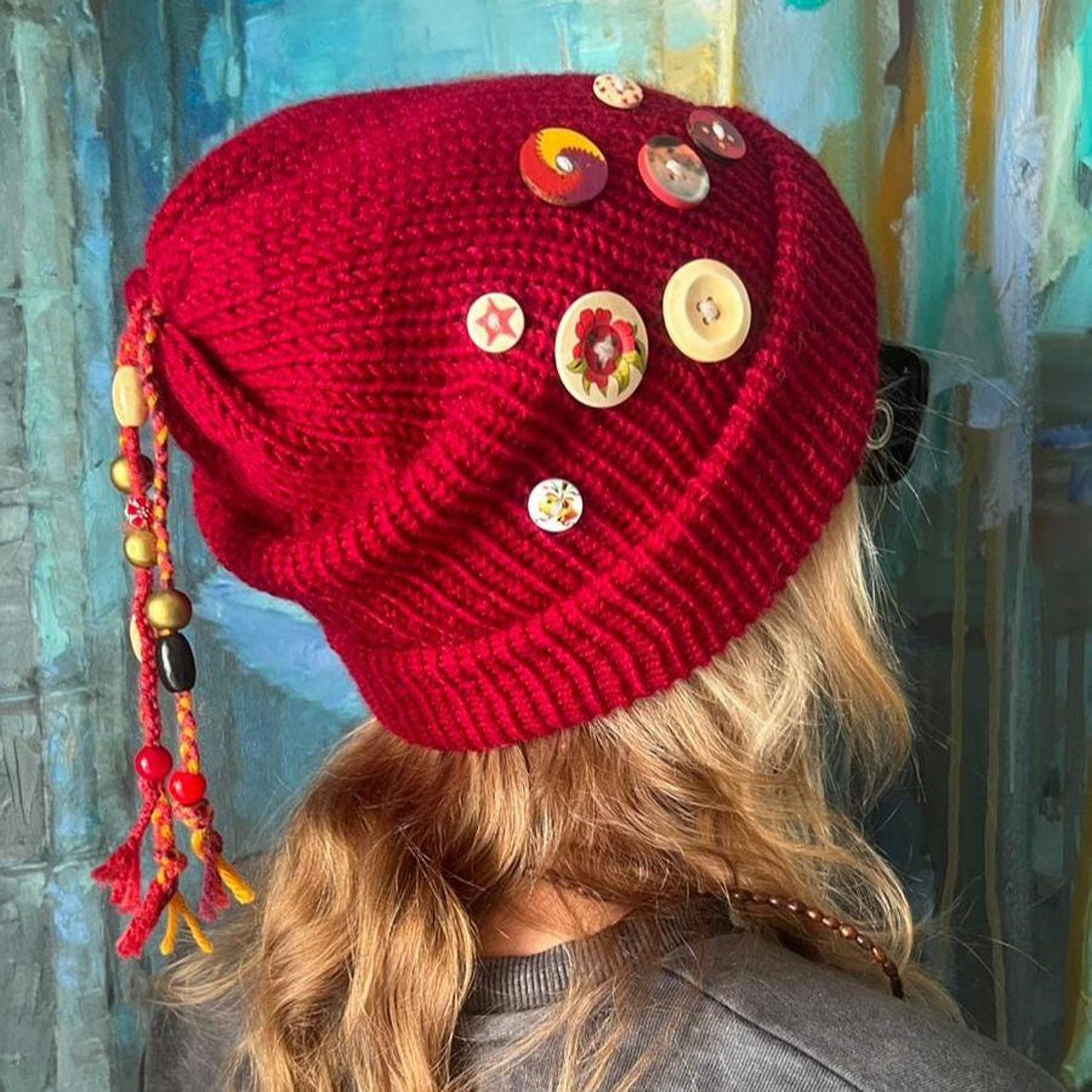 Hand Knit Chunky Red Resistance Beanie Hat Boho Fisherman Skull Cap ...