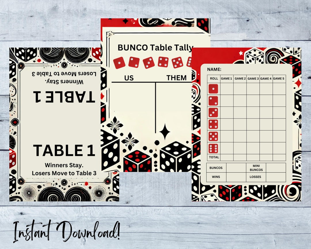 Printable Bunco Score Sheets, Tally Sheets & Table Cards PDF | Bunco ...