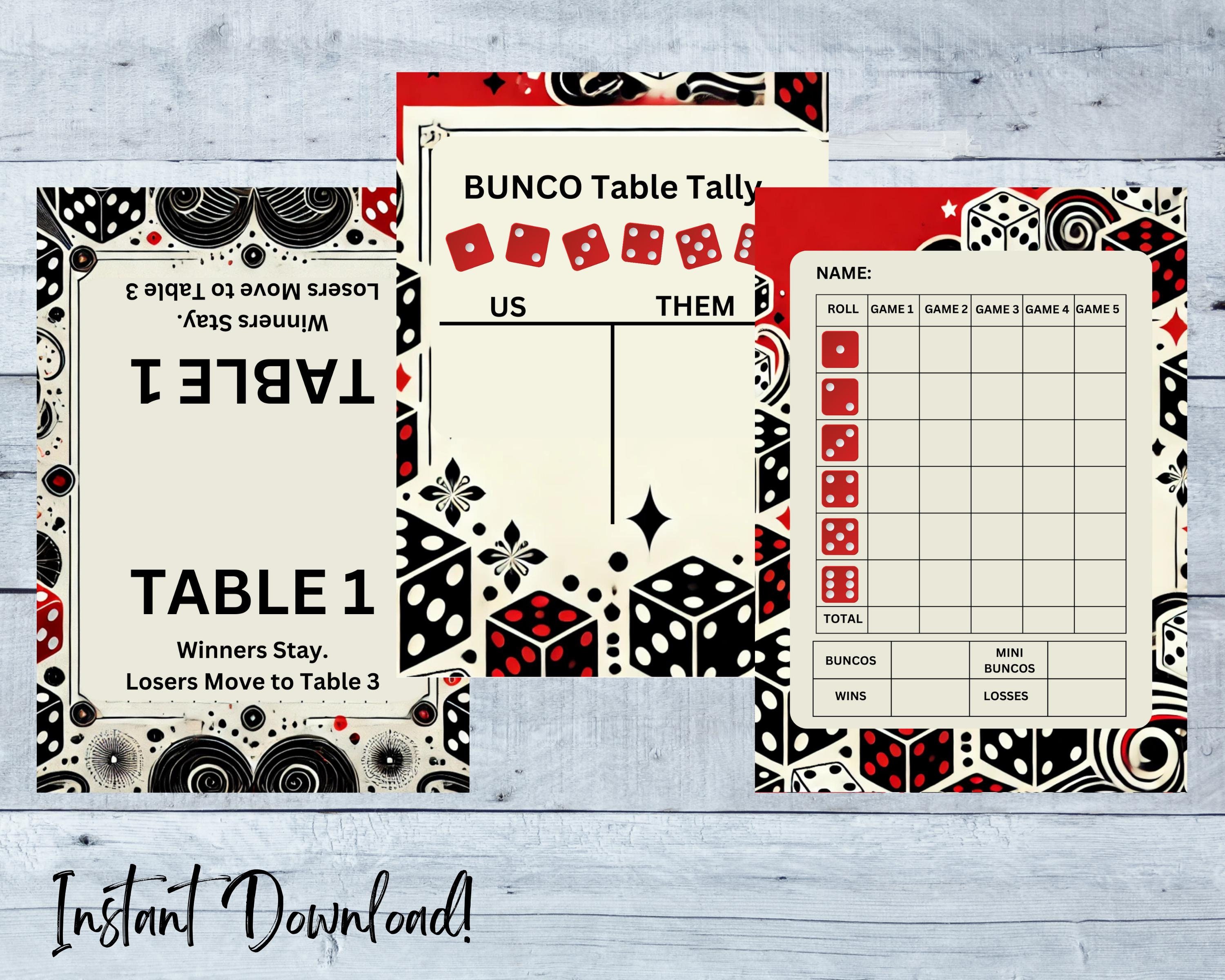 Printable Bunco Score Sheets, Tally Sheets & Table Cards PDF | Bunco ...