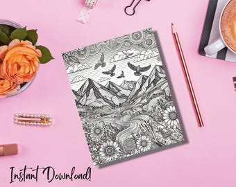 Mindfulness Mountain-themed Adult Coloring Pages | Printable Relaxation ...